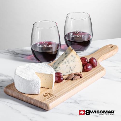 Swissmar Bamboo Board & 2 Stanford Stemless Wine
